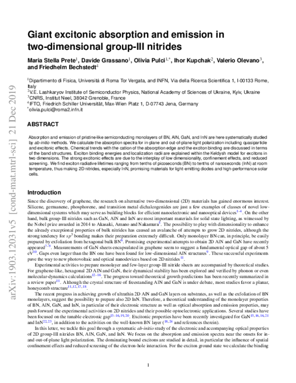 (PDF) Excitonic effects in absorption and emission of 2D group-III nitrides