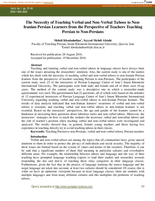 (PDF) The Necessity of Teaching Verbal and Non-Verbal Taboos to Non ...