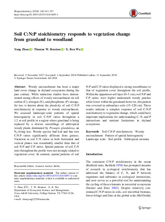 (PDF) Soil C:N:P stoichiometry responds to vegetation change from grassland to woodland