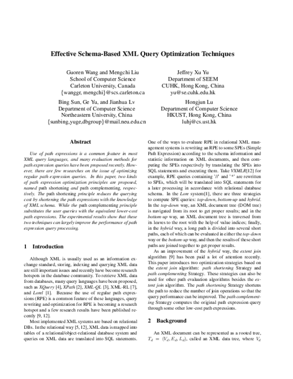 Pdf Effective Schema Based Xml Query Optimization Techniques Mengchi Liu
