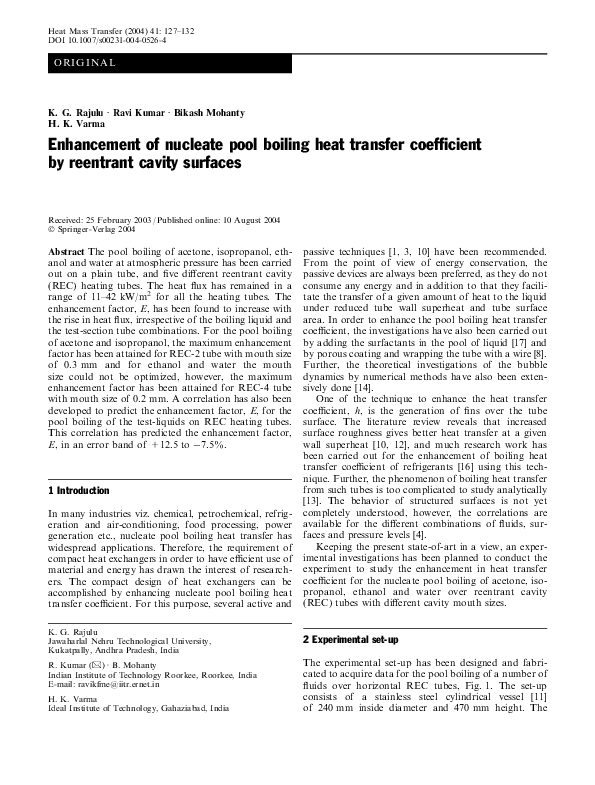 Pdf Enhancement Of Nucleate Pool Boiling Heat Transfer Coefficient By Reentrant Cavity