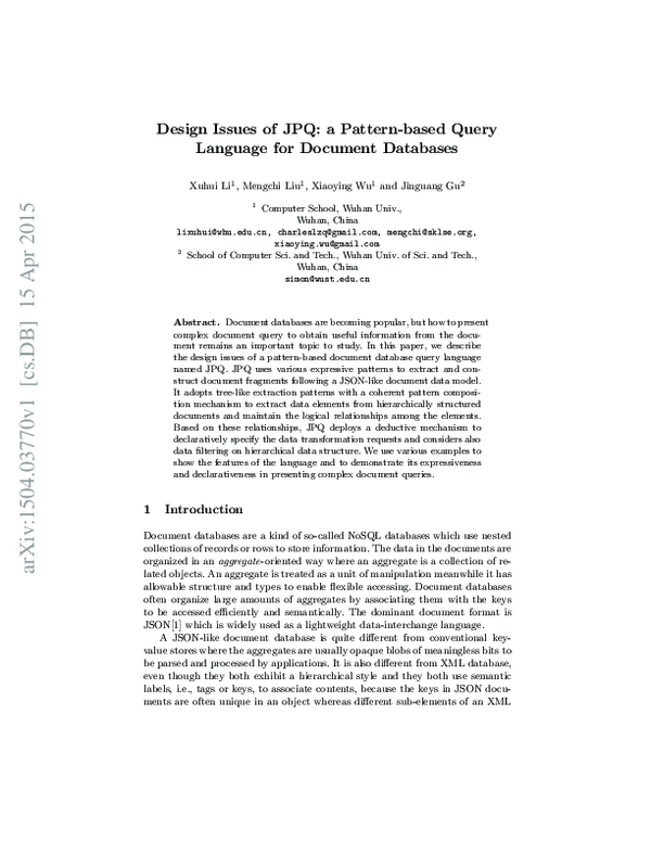(PDF) Design Issues of JPQ: a Pattern-based Query Language for Document Databases | Mengchi Liu ...