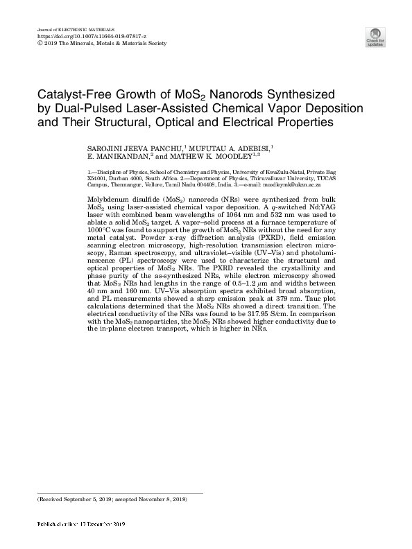 (PDF) Catalyst-Free Growth of MoS2 Nanorods Synthesized by Dual Pulsed ...