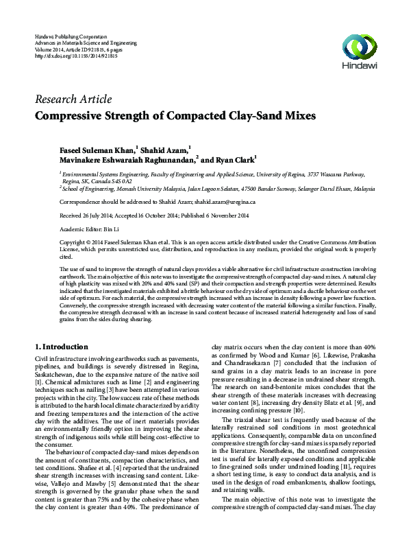(PDF) Compressive Strength of Compacted Clay-Sand Mixes