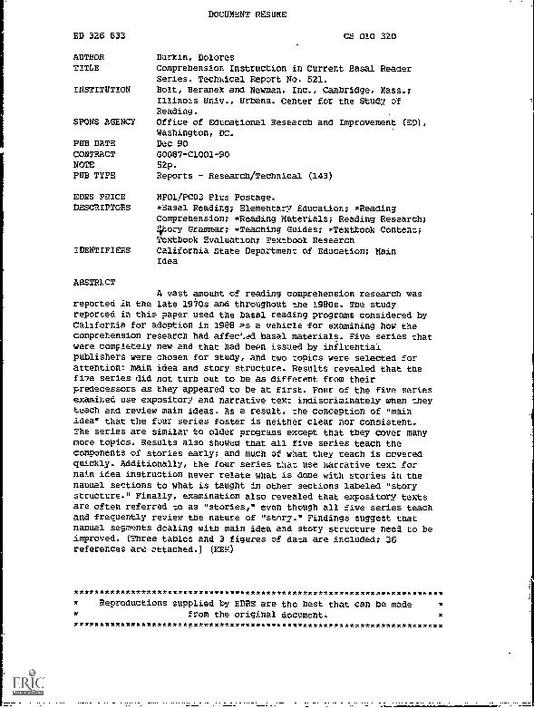 (PDF) Comprehension instruction in current basal reader series