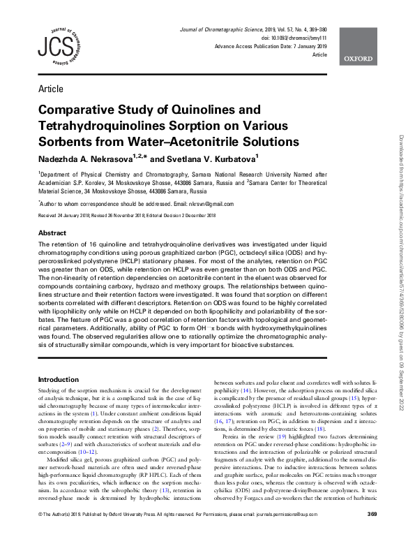 (PDF) Comparative Study of Quinolines and Tetrahydroquinolines Sorption on Various Sorbents from ...