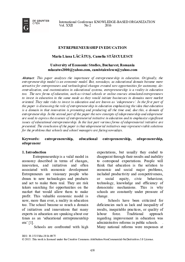 (PDF) Entrepreneurship in Education