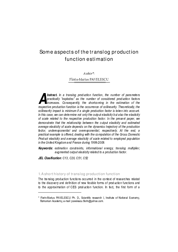(PDF) Some aspects of the translog production function estimation