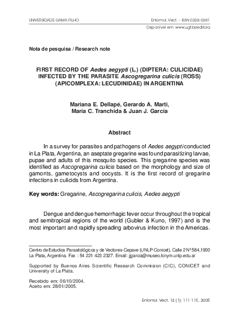 (PDF) First record of Aedes aegypti (L.) (Diptera: Culicidae) infected by the parasite ...
