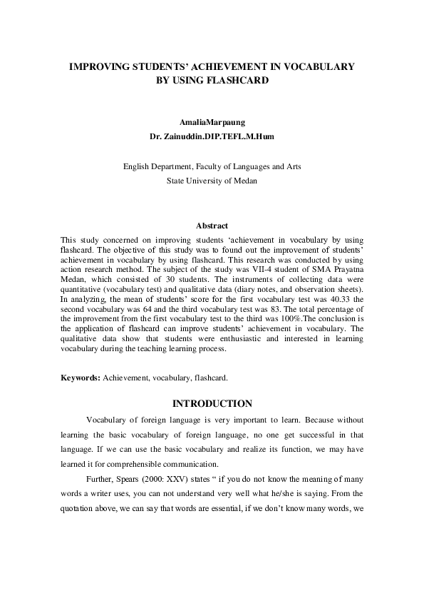 (PDF) Improving Students Achievement in Vocabulary by Using Flashcard