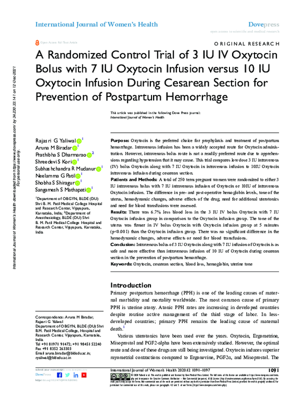 (PDF) A Randomized Control Trial of 3 IU IV Oxytocin Bolus with 7 IU ...