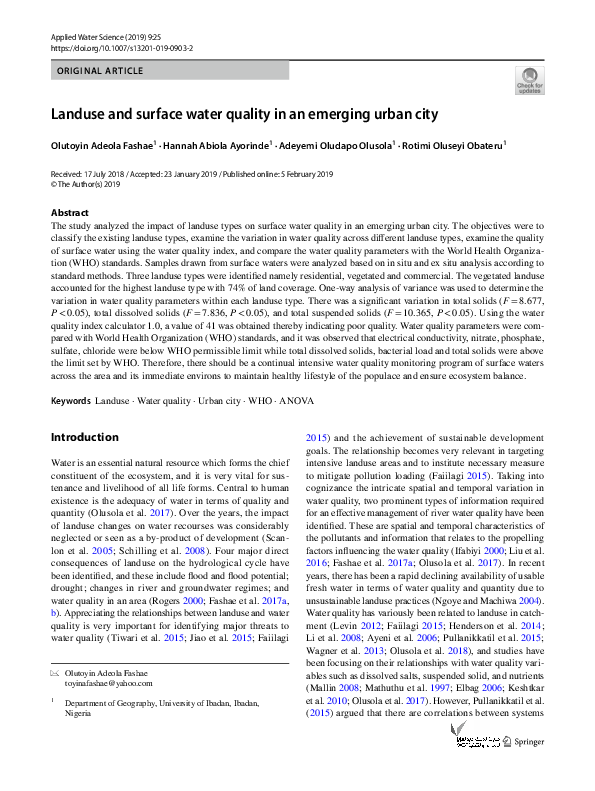 (PDF) Landuse and surface water quality in an emerging urban city