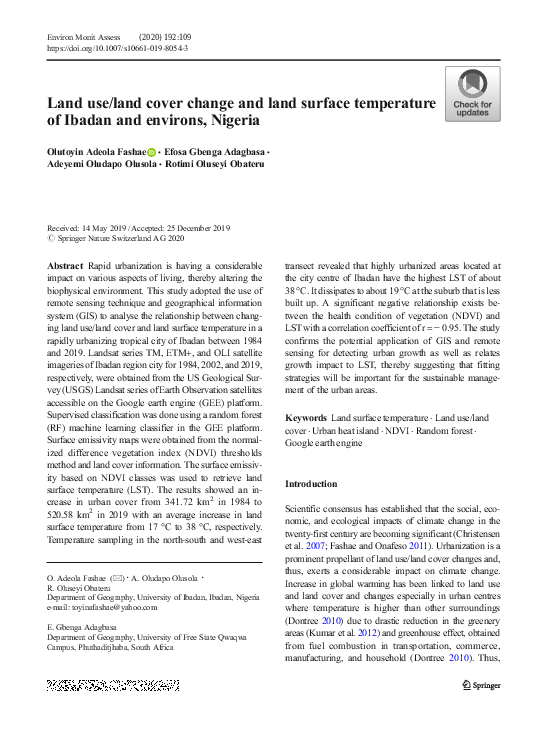 (PDF) Land use/land cover change and land surface temperature of Ibadan and environs, Nigeria