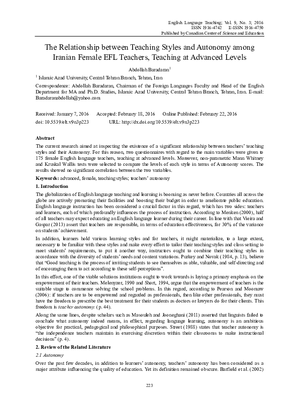 (PDF) The Relationship between Teaching Styles and Autonomy among Iranian Female EFL Teachers ...
