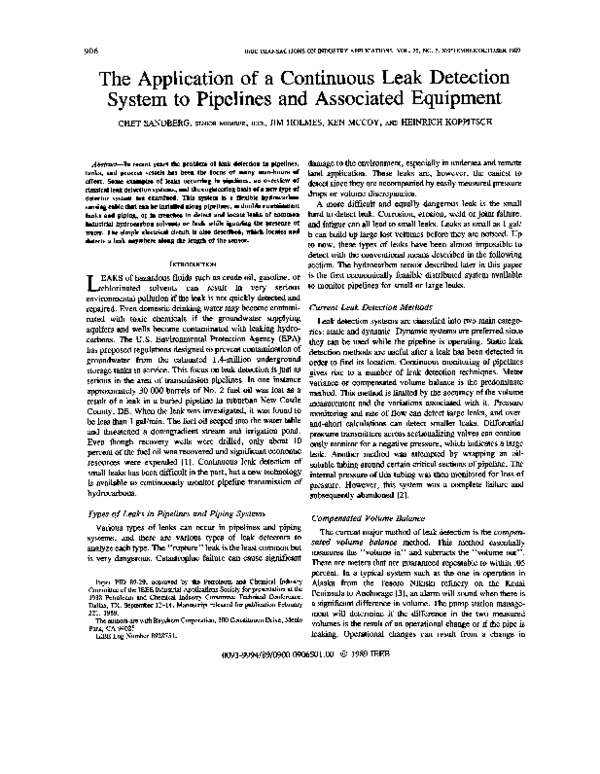 Pdf The Application Of A Continuous Leak Detection System To Pipelines And Associated Equipment