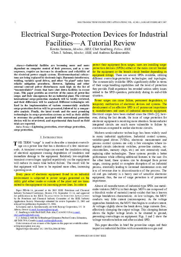 (PDF) Electrical Surge-Protection Devices for Industrial Facilities—A ...