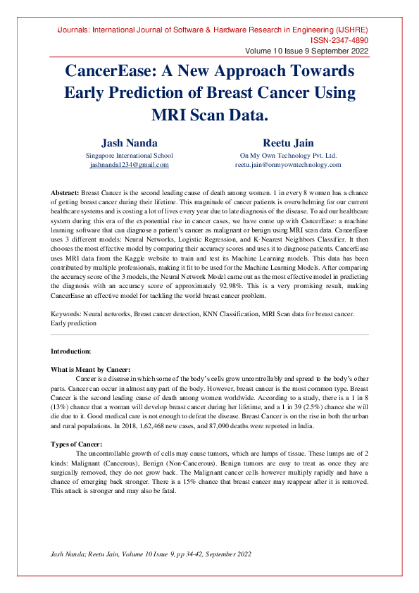 (PDF) CancerEase: A New Approach Towards Early Prediction of Breast ...