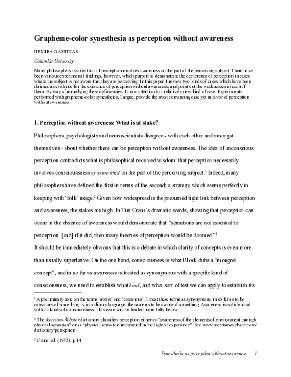 (PDF) Grapheme-color synesthesia as perception without awareness | Nemira Gasiunas - Academia.edu