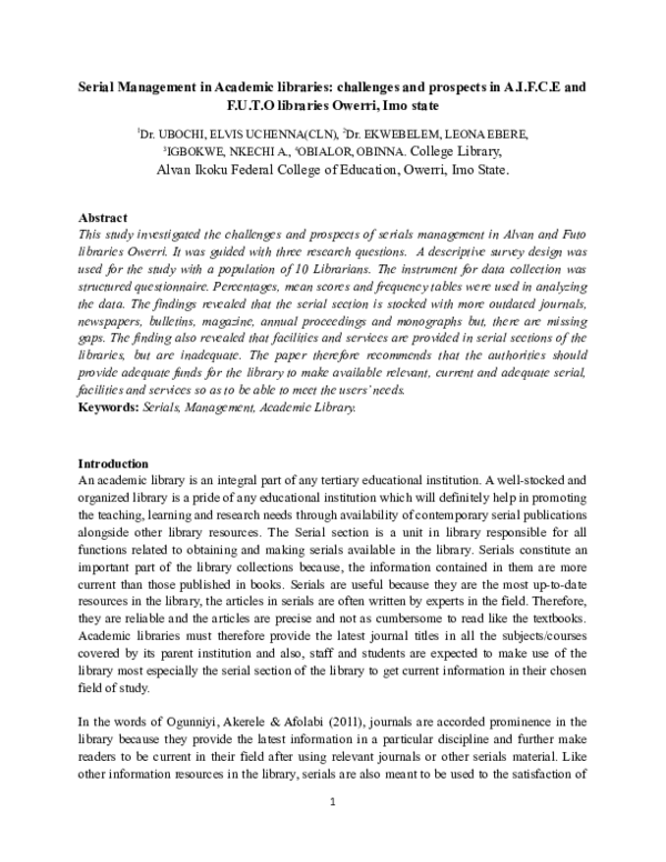 Serial Management in Academic libraries: challenges and prospects in A ...