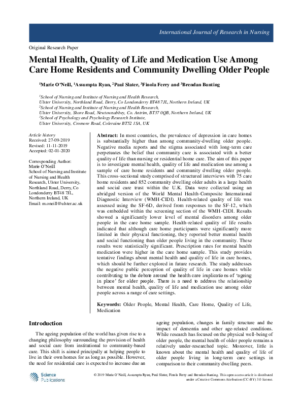 (PDF) Mental Health, Quality of Life and Medication Use Among Care Home Residents and Community ...