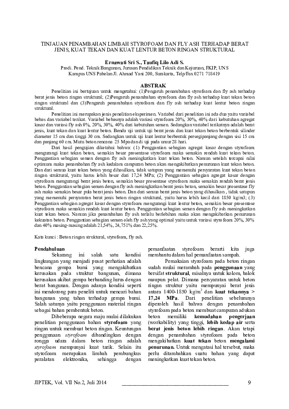 (PDF) Tinjauan Penambahan Limbah Styrofoam Dan Fly Ash Terhadap Berat Jenis, Kuat Tekan Dan Kuat ...