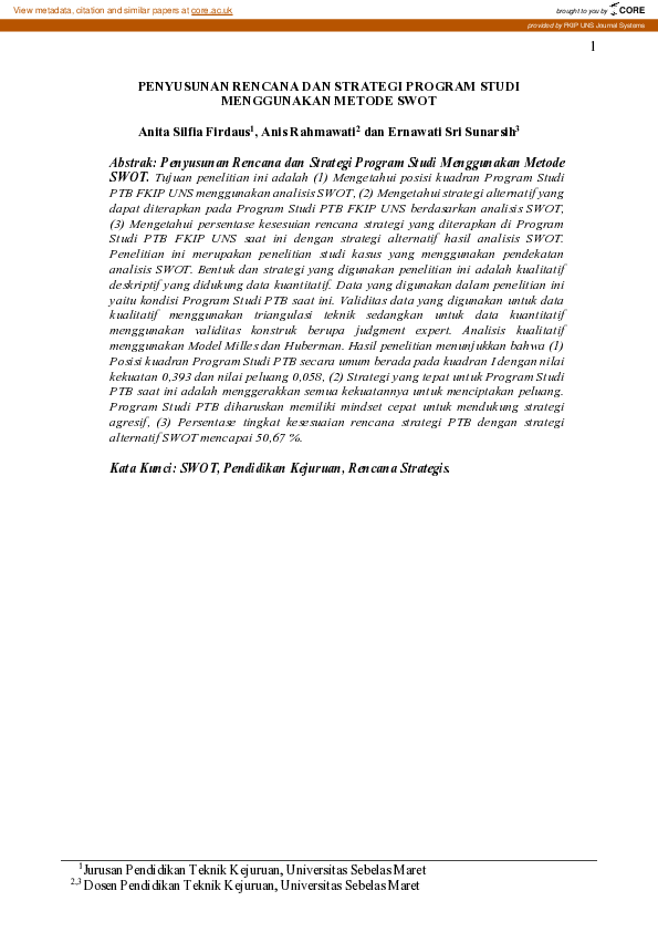 (PDF) Penyusunan Rencana Dan Strategi Program Studi Menggunakan Metode Swot