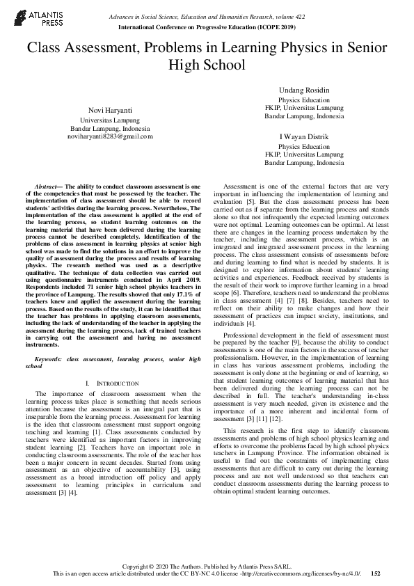(PDF) Class Assessment, Problems in Learning Physics in Senior High School