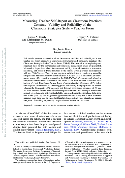 (PDF) Measuring Teacher Self-Report on Classroom Practices: Construct Validity and Reliability ...