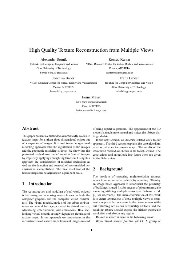 (PDF) High-quality texture reconstruction from multiple views | Alexander Bornik - Academia.edu