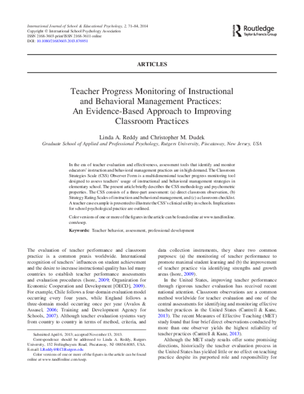 (PDF) Teacher Progress Monitoring of Instructional and Behavioral Management Practices: An ...