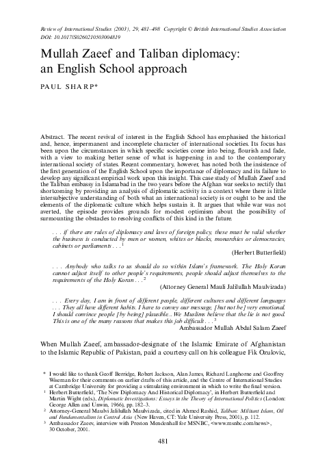 (PDF) Mullah Zaeef and Taliban diplomacy: an English School approach