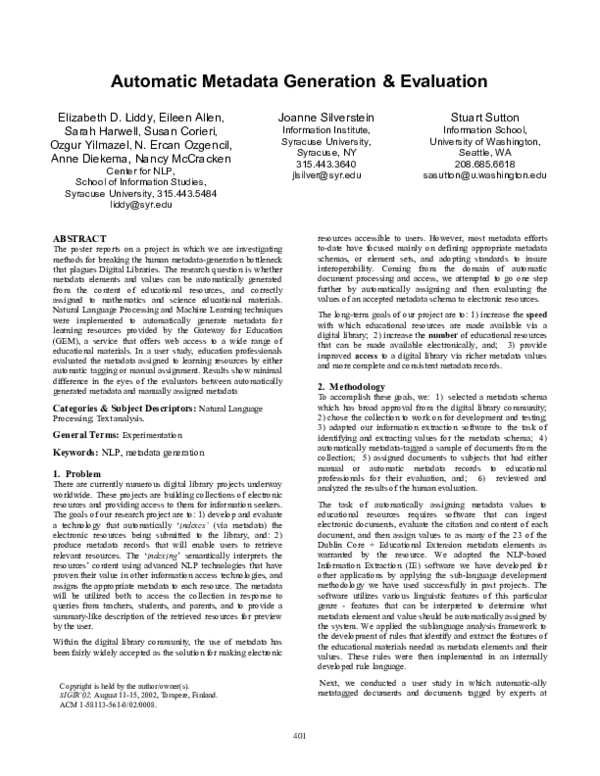 Pdf Automatic Metadata Generation Evaluation Stuart Sutton