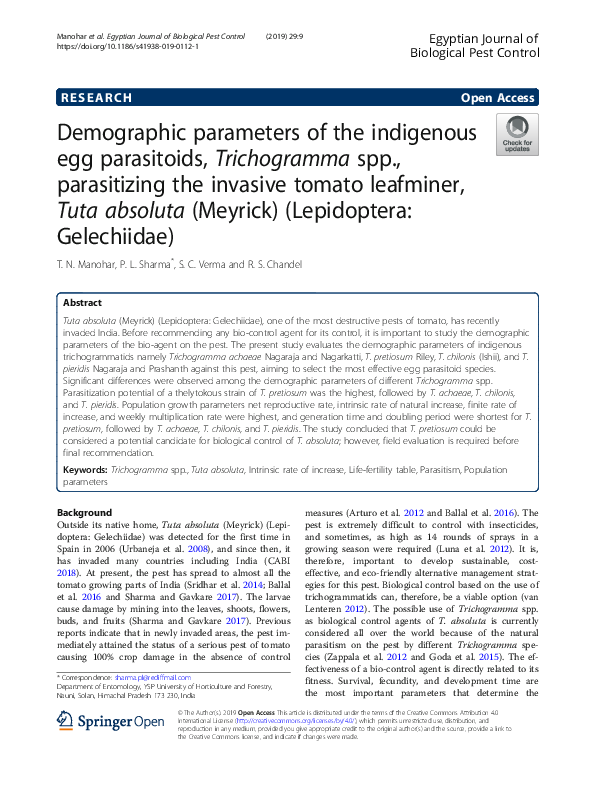 Pdf Demographic Parameters Of The Indigenous Egg Parasitoids Trichogramma Spp Parasitizing
