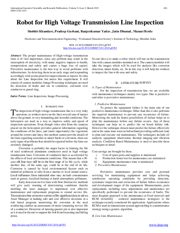 (PDF) Robot for High Voltage Transmission Line Inspection