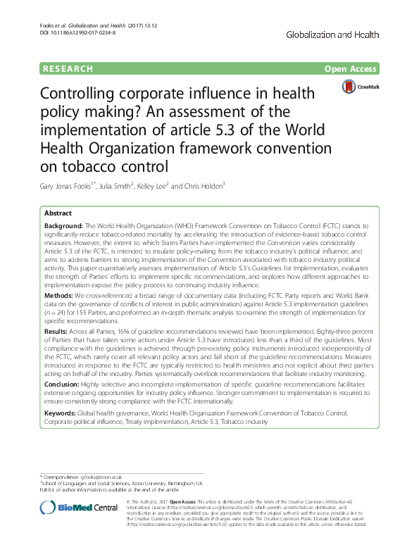 (PDF) Controlling corporate influence in health policy making? An ...