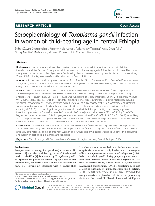 (PDF) Seroepidemiology of Toxoplasma gondii infection in women of child ...