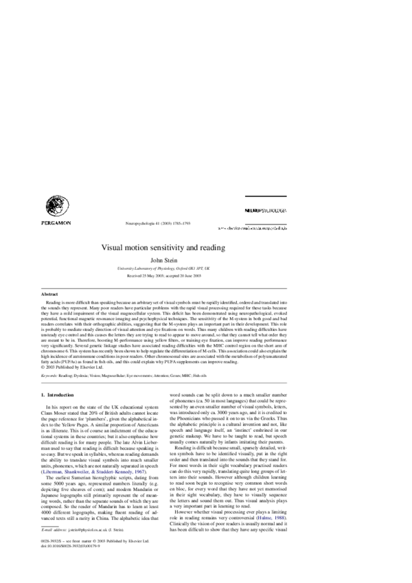 Pdf Visual Motion Sensitivity And Reading