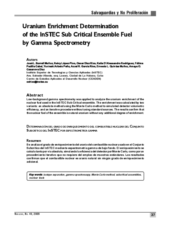 (PDF) Uranium Enrichment Determination of the InSTEC Sub Critical Ensemble Fuel by Gamma ...