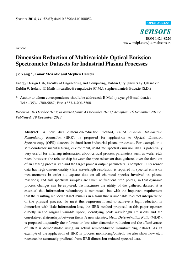 (PDF) Dimension Reduction of Multivariable Optical Emission Spectrometer Datasets for Industrial ...