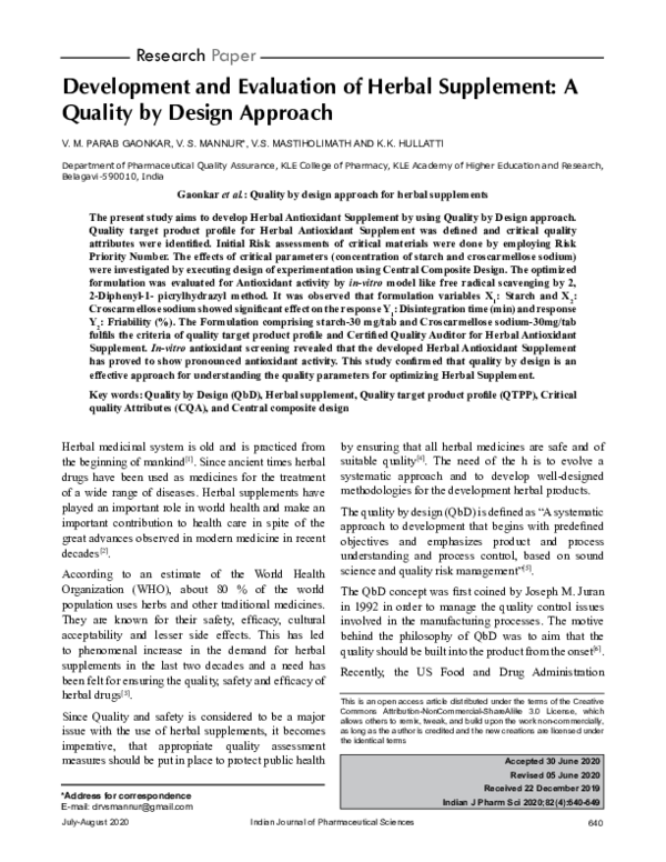 (PDF) Development and Evaluation of Herbal Supplement: A Quality by Design Approach