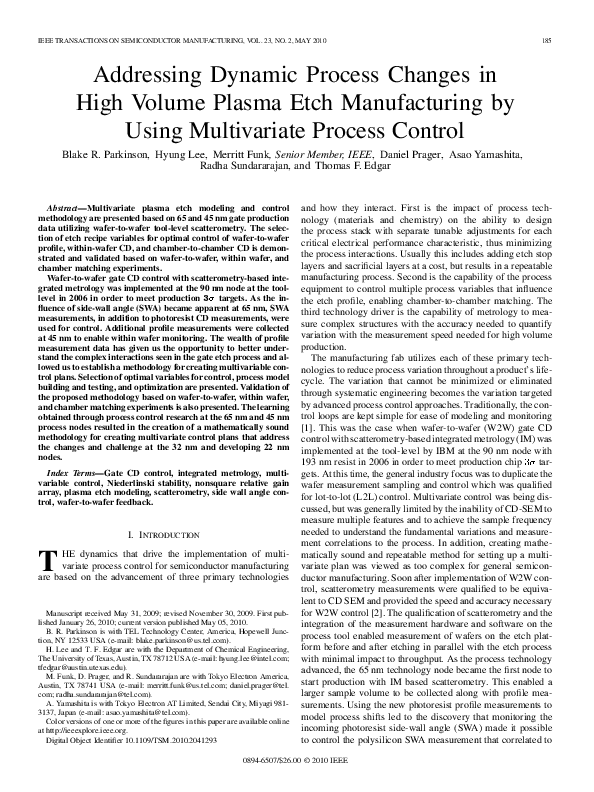 (PDF) Addressing Dynamic Process Changes in High Volume Plasma Etch Manufacturing by Using ...