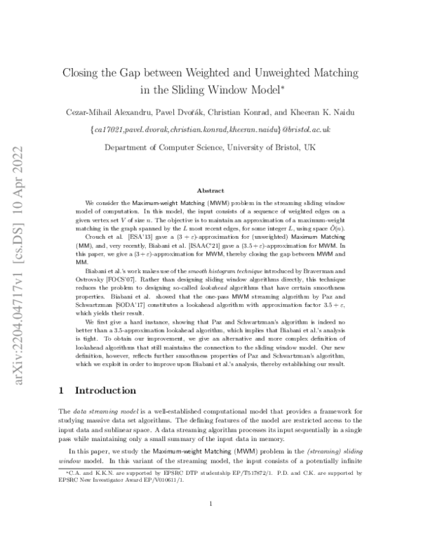 (PDF) Closing the Gap between Weighted and Unweighted Matching in the Sliding Window Model