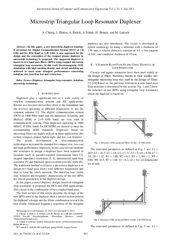 (PDF) Microstrip Triangular Loop Resonator Duplexer