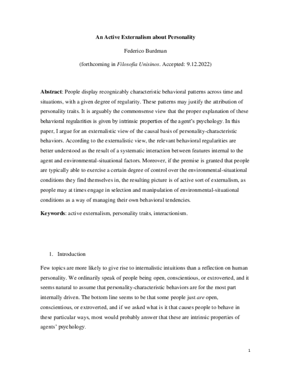 (PDF) An Active Externalism about Personality