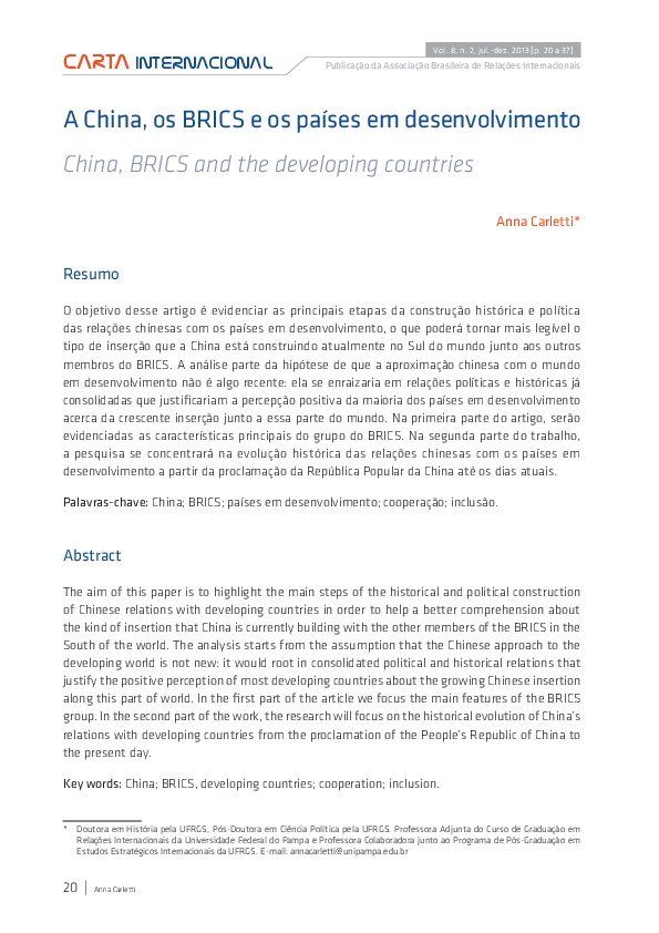 (PDF) A China, os BRICS e os países em desenvolvimento China, BRICS and the developing countries