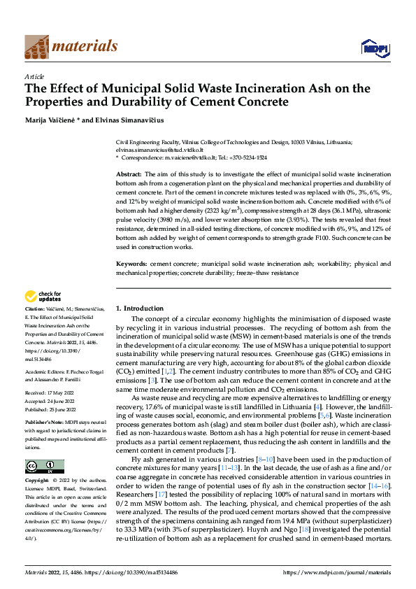 (PDF) The Effect of Municipal Solid Waste Incineration Ash on the Properties and Durability of ...