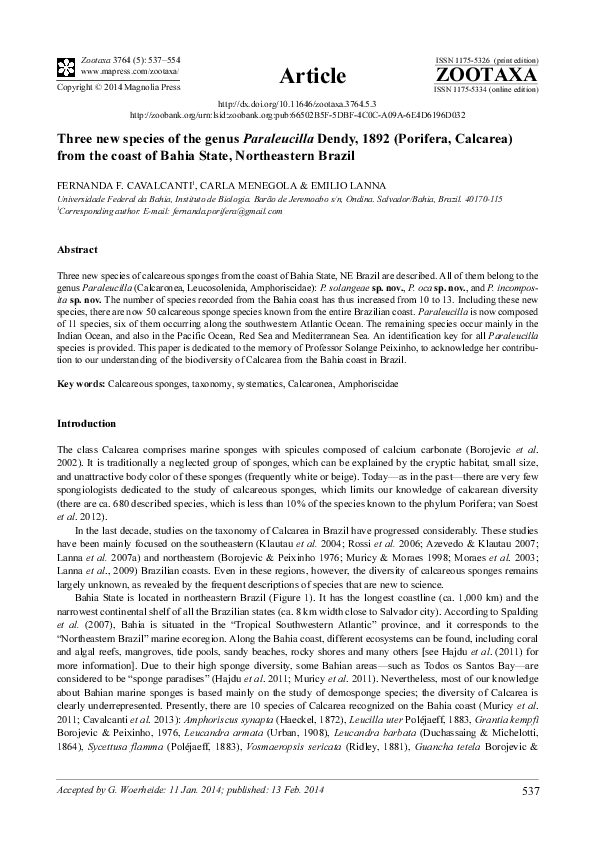 (PDF) Three new species of the genus Paraleucilla Dendy, 1892 (Porifera ...