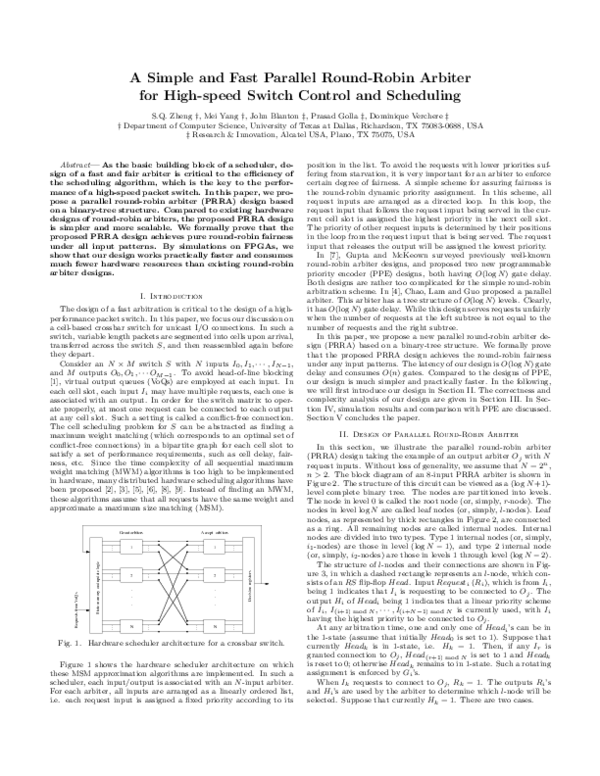 Pdf A Simple And Fast Parallel Round Robin Arbiter For High Speed Switch Control And Scheduling