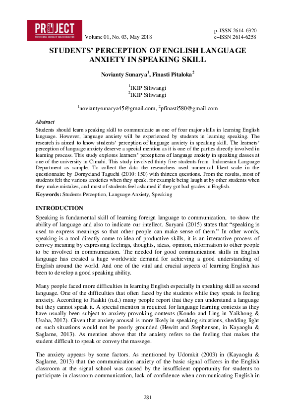(PDF) Students’ Perception of English Language Anxiety in Speaking Skill