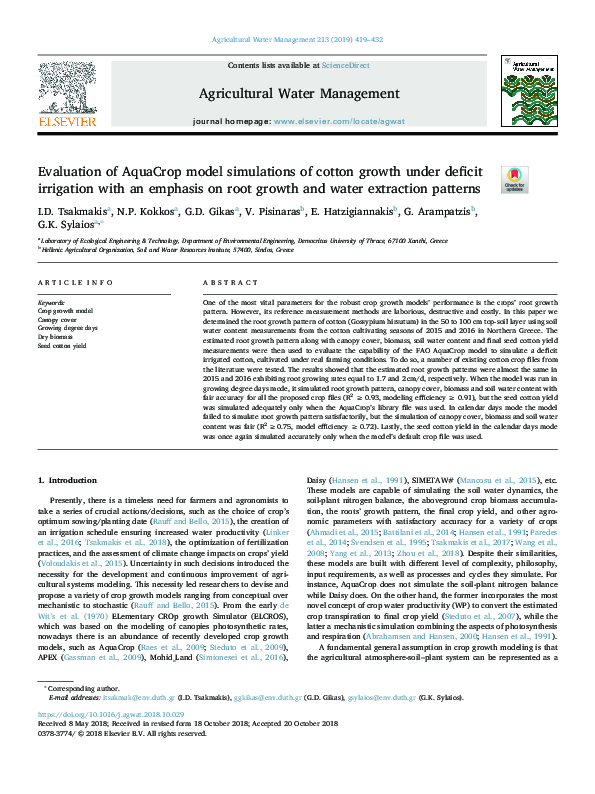 (PDF) Evaluation of AquaCrop model simulations of cotton growth under deficit irrigation with an ...